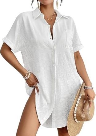 Bsubseach Femme Maillot De Bain Coverup Chemise Robe Bouton Down Maillot De Bain Cover Up Beachwear Blanc XL