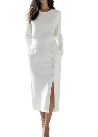 Generic Robe &agrave; manches longues et col rond pour femme, couleur unie, d&eacute;tails boutonn&eacute;s et fente lat&eacute;rale, moulante &eacute;l&eacute;gante, blanc, XXL