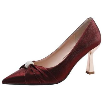 Generic Qynthra Escarpins de Cour Femme Satin Détail Noeud Perle Bout Carré Talon Fin à Enfiler Bout Pointu Pumps Large 6CM/8CM Talon Moyen Chaussures de Vill