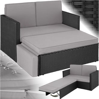TecTake Sofa Set - 2 Sitzer Sessel mit Hocker und Schlaffunktion, kleine Rattan Couch als Outdoor Gartenmöbel, wetterfest für Lounge, Balkon und Garten, klapp