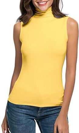 Generic Pull &agrave; col roul&eacute; sans manches pour femme en coton basique sans manches avec col T-shirt &agrave; manches longues pour femme Couleur unie Gilet sans manches T