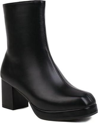 Generic Bottines décontractées rétro à bout carré avec fermeture éclair latérale et talon bloc pour le travail ou la fête, Noir, 40.5 EU
