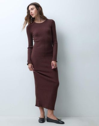 Vero Moda robe longue en maille c&ocirc;tel&eacute;e &agrave; manches longues marron fonc&eacute;