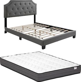 Vente-Unique Bett 140 x 190 cm mit gepolstertem Kopfteil + Matratze - Hellgrau - ANDEYO