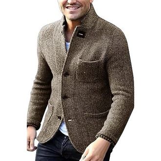 Generic Cardigan &agrave; col ch&acirc;le pour homme en tweed &agrave; chevrons - Blazer de style britannique - Coupe r&eacute;guli&egrave;re - Manches longues - Doux au toucher - Pull en tric