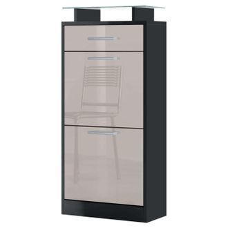 Vladon Schuhschrank Loret V2, Schuhkipper für 8 Paar Schuhe mit 2 Klappen, 1 Schublade und Glasablage, Schwarz matt/Sandgrau Hochglanz (46 x 104 x 23 cm)