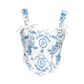 Generic Corset Femme Halloween, Bustier Court &Agrave; Demi-Couvrance, Imprim&eacute; Floral En Porcelaine Bleue Et Blanche, Fermeture &Agrave; Nouer Dans Le Dos Et Bretelles Cors