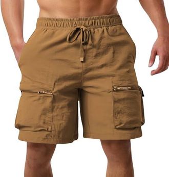 Generic Short cargo pour homme, multi-poches, taille &eacute;lastique, uni, l&eacute;ger, d&eacute;contract&eacute;, cordon de serrage, l&eacute;ger, pour le travail, la randonn&eacute;e, avec poches 