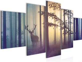 Runa Art Wandbilder Wald Hirsch 5 Teilig Bild auf Vlies Leinwand Deko Schlafzimmer Wohnzimmer Nebel Blau 013452a