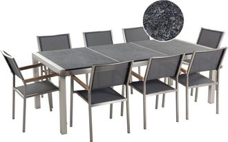 Beliani Gartenm&ouml;bel Set 8-Sitzer GROSSETO Dreifachplatte Granit geflammter Schwarz / Grau