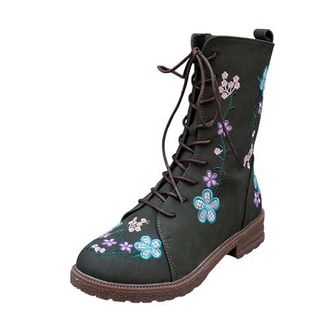 Generic Bottes &agrave; lacets pour femme - Talon bas - Style d&eacute;contract&eacute; - &Eacute;l&eacute;gantes - Bout rond - Broderie - Fermeture &eacute;clair lat&eacute;rale - Antid&eacute;rapantes - Confortab