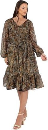 Lovedrobe Womens Midi Dress Ladies V-Neck Long Balloon Sleeve Boho Paisley Floral Print Shirred Waist A-Line Smart Casual, Robe