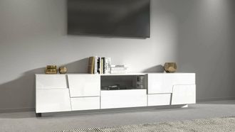 Dmora TV-Ständer Velio, niedriges Wohnzimmer-Kommode mit 2 Türen und 1 Schublade, TV-Ständer-Basis, 150x44x46 cm, glänzendes Weiß