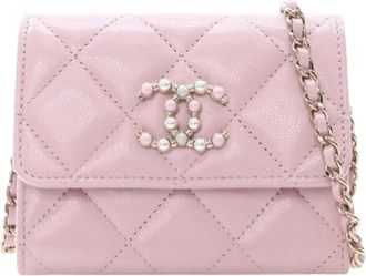 Chanel porte-cartes à bride en chaîne (2021) - Rose
