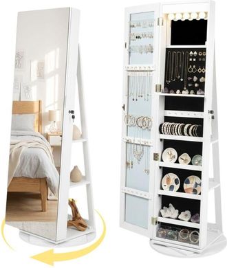 Furniture R FurnitureR Schmuckschrank mit Ganzk&ouml;rperspiegel, Drehbarer Schmuckschrank Abschlie&szlig;bar, Stehender Schmuckorganizer mit Spiegel und Gro&szlig;er