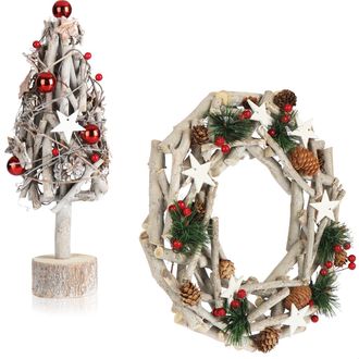 Com-Four 2-teiliges Set Tischkranz &Oslash; 28 cm & Deko-Weihnachtsbaum 40 cm - Adventskranz aus Naturzweigen mit Sternen und k&uuml;nstlicher Baum - Weihnachtsdeko f&uuml;r Ti