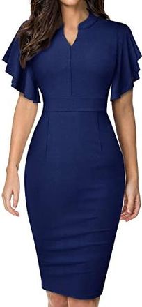 Generic Robe amincissante 2026 pour femme, col en V, manches feuilles, sac court et mince, jupe crayon, bleu, L