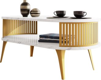 Mirjan24 Couchtisch mit Ablage Rajkon, Ovale Form, Metallbeine, Kaffeetisch, Wohnzimmertische, Beistelltisch, Sofatisch, Teetisch (Bianco Marmor, Gold)