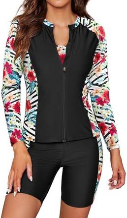 SHEKINI Ensemble tankini 3 pièces pour femme - Manches longues - Rash Guard - Fermeture éclair - Maillot de bain - Rayures Noires