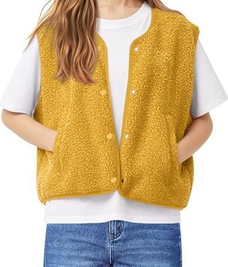 Minetom Gilet Femme Sans Manche Veste Polaire Chaud Manteau Automne Hiver Sherpa Waistcoat Casual Outdoor Bouton Blousons Avec Poches Couleur Unie A Jaune M