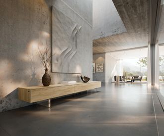 DELIFE Lowboard Cuor 250 cm Keramik Laminam Sabbia Eichefarbig 1 Klappe 1 Schubfach Fu&szlig; Schwebeoptik Acrylglas, Lowboards