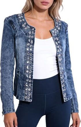 Generic Veste en jean courte orn&eacute;e de strass pour femme, coupe ajust&eacute;e, ouverte sur le devant, manches longues, style d&eacute;contract&eacute;, id&eacute;ale pour le printemps, b