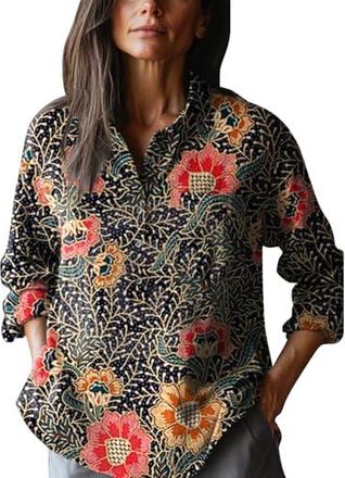 Generico Chemise Femme Curvy &agrave; Manches Longues T Shirt Coton Et Lin D&eacute;contract&eacute; Respirant Chemisier Col en V L&eacute;ger Chemises Vintage Fantaisie avec Boutons Clas