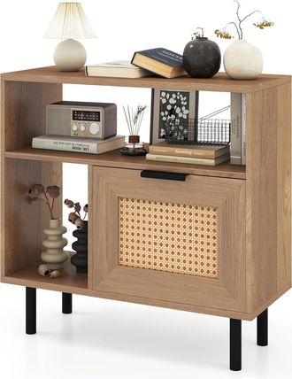 Giantex Rattan-Nachttisch mit Stauraum, moderner Bauernhaus-Beistelltisch mit offenen Regalen & Metallbeinen, h&ouml;lzerner Couchtisch f&uuml;r Schlafzimmer, Wohnzimme