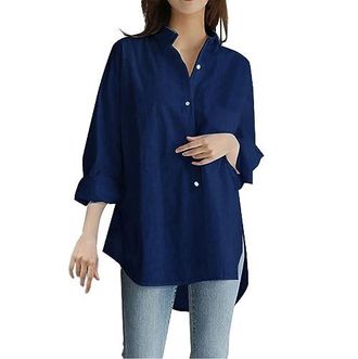 Generic Chemise de cowgirl grande taille - Chemisiers &agrave; manches longues avec 3 boutons pour femmes, chemises &agrave; boutons avec col asym&eacute;trique, ourlet asym&eacute;triqu