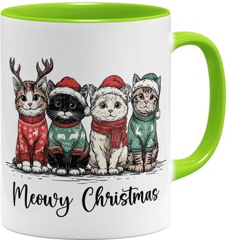 OM3 Meowy Christmas Kaffee-Tasse mit s&uuml;&szlig;en K&auml;tzchen - Weihnachtstasse 4 niedliche Katzen - Keramik Becher - 325ml - Beidseitig Bedruckt - Hellgr&uuml;n
