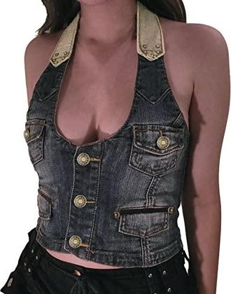 Generic Gilet Sans Manche Femme Gilet Femme D&eacute;contract&eacute; Quotidien Ville Jean Crop &Eacute;paules Basses - Veste Effiloch&eacute;e Tendance Pour Jeunes Fashionistas