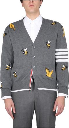 Thom Browne Homme, Pulls, Gris, Taille: 2XL Birds and Bees Half Drop Intarsia V Neck Cardigan