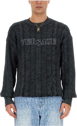 Versace Homme, Pulls, Gris, Taille: M Knit Sweater Stone Washed Serie
