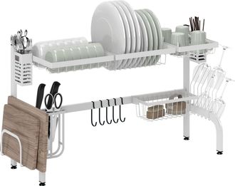 HOMCOM Abtropfgestell &uuml;ber Sp&uuml;le aus Stahl, Abtropfgestell mit 2 Ebenen, mit Schneidebrett, Besteckhalter, 100 x 30 x 54,5 cm, Wei&szlig;