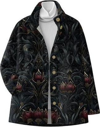 Keephen Élégant Floral 3D Impression Femmes Flou Polaire Veste Revers Col Flanelle Bouton Manteau Manches Longues Chaud Hiver Manteau avec Poches
