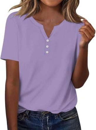 Generic Chemise à manches courtes pour femme, coupe classique, style décontracté, couleur unie, avec boutons, à manches courtes, vêtements pour la vie quotidi