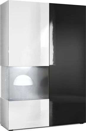 Vladon Vitrine Kommode Hochschrank Morena, Made in Germany, Korpus in Wei&szlig; matt/Rechte T&uuml;r und der Einsatz in Schwarz Hochglanz, inkl. LED Beleuchtung