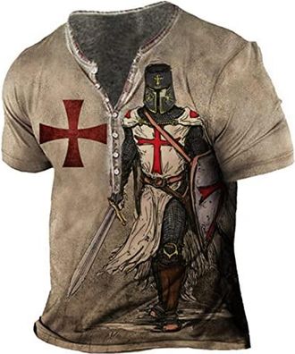Keephen Hommes en détresse Henley Chemise Chevalier templier imprimé 3D à Manches Courtes t-Shirts Vintage décontracté Sport t-Shirt Hauts