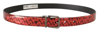 Dolce & Gabbana Mens Red Herringbone Leather Gray Tone Buckle Belt