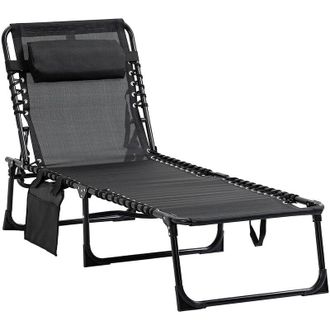 OUTSUNNY Bain de soleil transat pliable avec poign&eacute;e - dossier inclinable multi-positions, pochette, t&eacute;ti&egrave;re - acier &eacute;poxy lacets &eacute;lastiques textil&egrave;ne noir