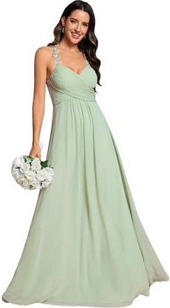 Ever-pretty Robe Demoiselle dhonneur Femme Fleurs Bretelles Plissé sans Manches Mousseline Col V Taille Empire Verte Menthe 44