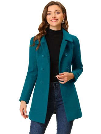 Allegra K Damen Peter Pan Kragen zweireihig Winter lang Trench-Pea Mantel, seeblau, 38