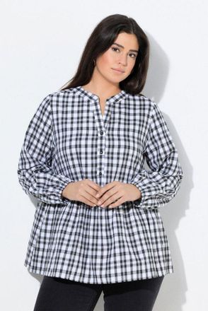 Ulla Popken Longbluse Bluse Karomuster Volantsaum Stehkragen Langarm