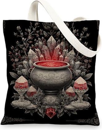 Generic Sac fourre-tout mystique en toile, motif chaudron enchanté, sac réutilisable, vintage, gothique, léger, lavable avec bandoulière, noir, 13x15 Inch