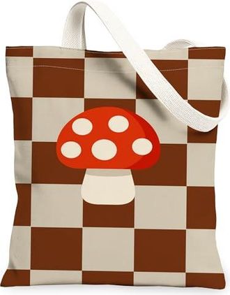 Generic Sacs fourre-tout en toile &agrave; motif champignons, motif damier vintage, sacs d&eacute;picerie r&eacute;utilisables, l&eacute;gers et lavables pour lautomne, marron, 13x15 Inc