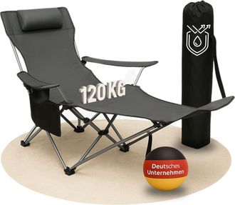 Coemo Campingstuhl Grau, zusammenklappbar, verstellbar, Liegestuhl mit Kopfstütze, Getränkehalter, Tasche, Relaxliege leicht, tragbar, Verstellbarer Faltstu