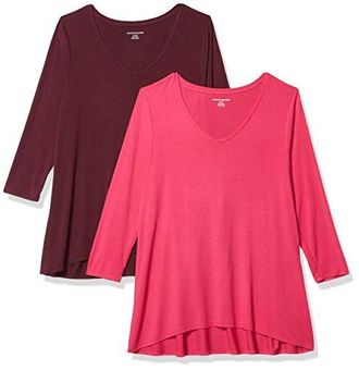 Amazon Essentials T-shirt swing à manches 3/4 et col en v (disponible en grande taille) Femme, Lot de 2, Rose Vif/Bordeaux, L