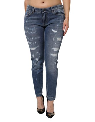Dolce & Gabbana Womens Blue Tattered Cotton Low Waist Denim Jeans Clothing