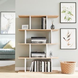Hanah Home Stylish Oak & White Bookshelf, 90 cm x 25 cm x 127.4 cm | 100% Melamine Coated Particle Board, 18 mm Thick | Wall-Mountable, Multiple Shelves for Mode