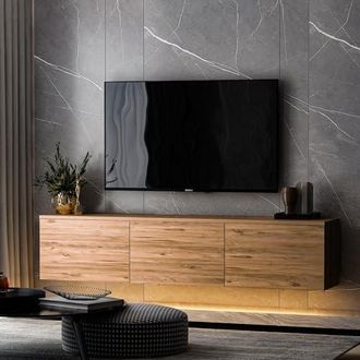 Hanah Home Stylish TV Stand, Atlantic Pine, 160 x 35 x 32 cm | 100% Melamine Coated Particle Board, 18 mm Thick | Wall-Mountable with Multiple Shelves, Modern De